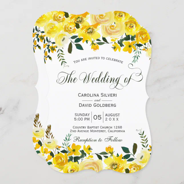 Summer yellow rose floral hand lettered wedding invitation | Zazzle