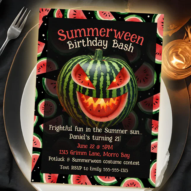 Summerween Birthday Party Spooky Summer Watermelon Invitation | Zazzle