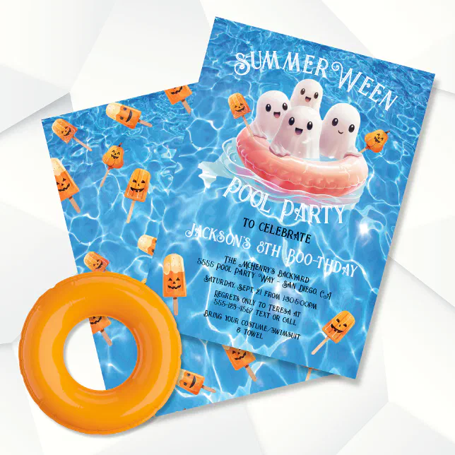 SummerWeen Halloween Pool Birthday Party Ghosts Invitation | Zazzle