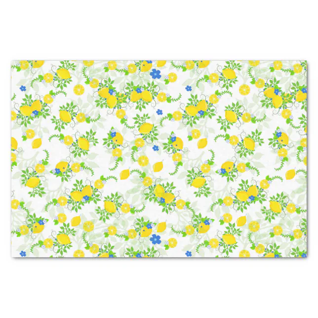 Summery Blue and Yellow Lemons Floral Pattern Tissue Paper | Zazzle