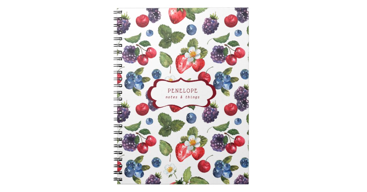 Summery Sweet Berry Pattern | Monogram Notebook | Zazzle