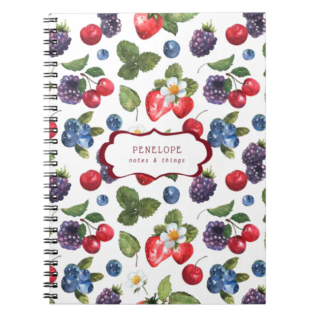 Summery Sweet Berry Pattern | Monogram Notebook | Zazzle