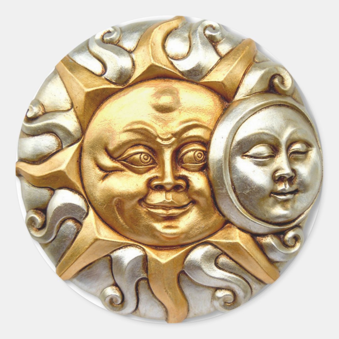 SUN AND MOON FUSION METALLIC DESIGN CLASSIC ROUND STICKER | Zazzle