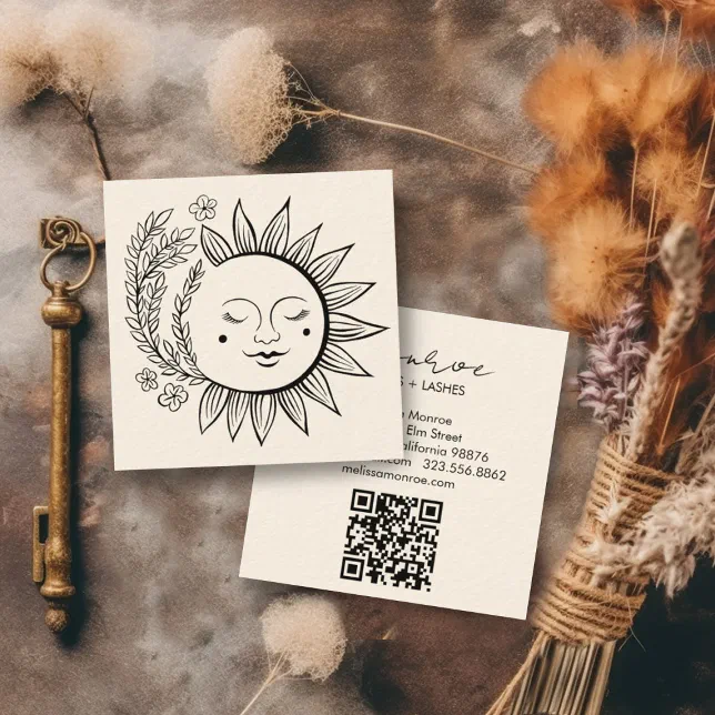 Sun Floral Boho Line Art Elegant QR Code Cream Square Business Card ...