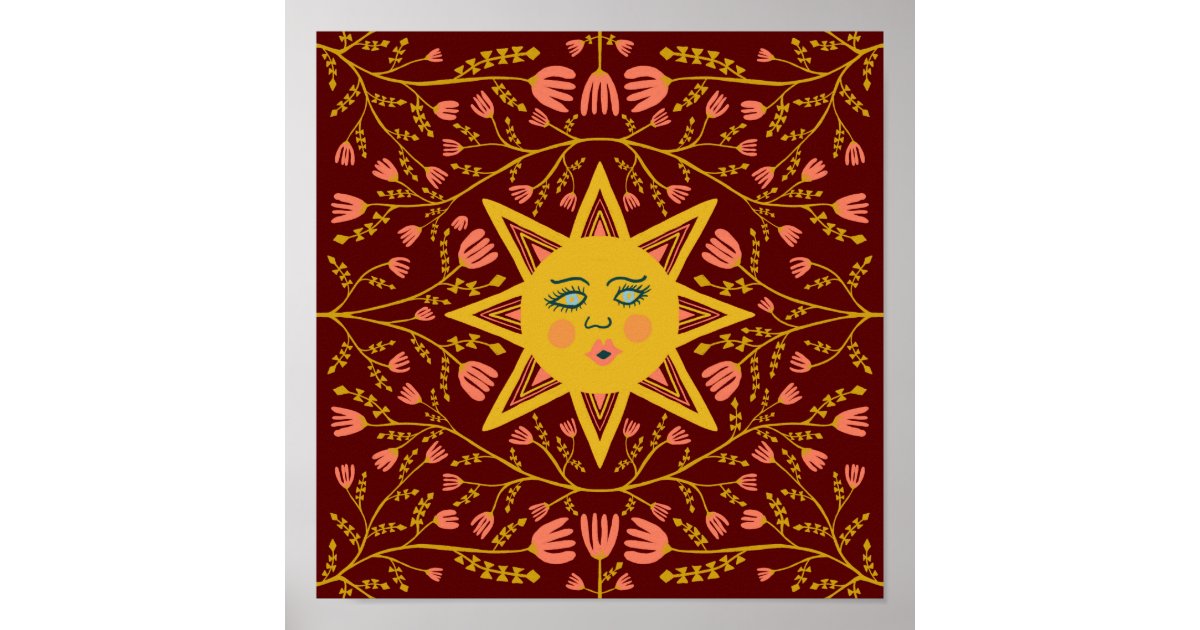 Sun & Flowering Vines Pattern Boho Burgundy Poster | Zazzle