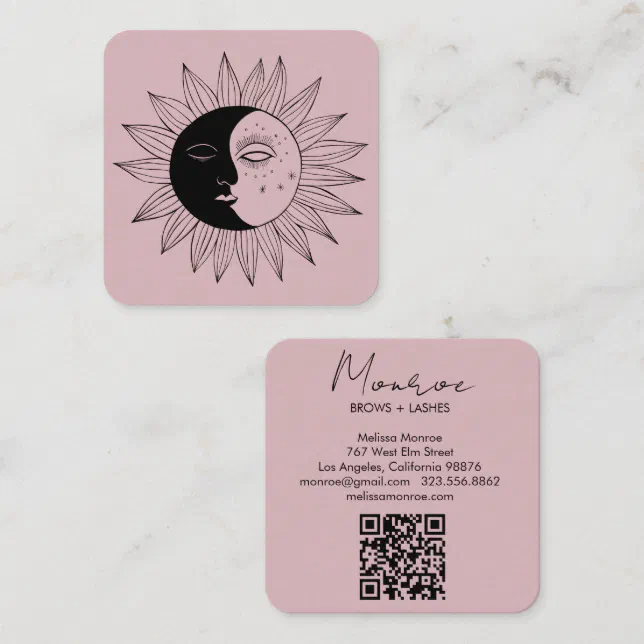 Sun & Moon Boho Line Art Elegant QR Code Pink Square Business Card | Zazzle