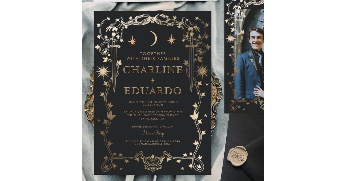 Sun &Moon Golden Ivy Ornament Wedding Invitation | Zazzle