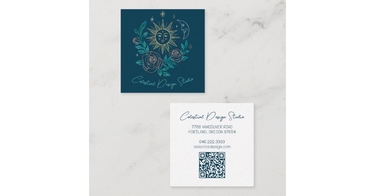 Sun Moon & Roses Magical Boho Colorful CUSTOM QR Square Business Card ...