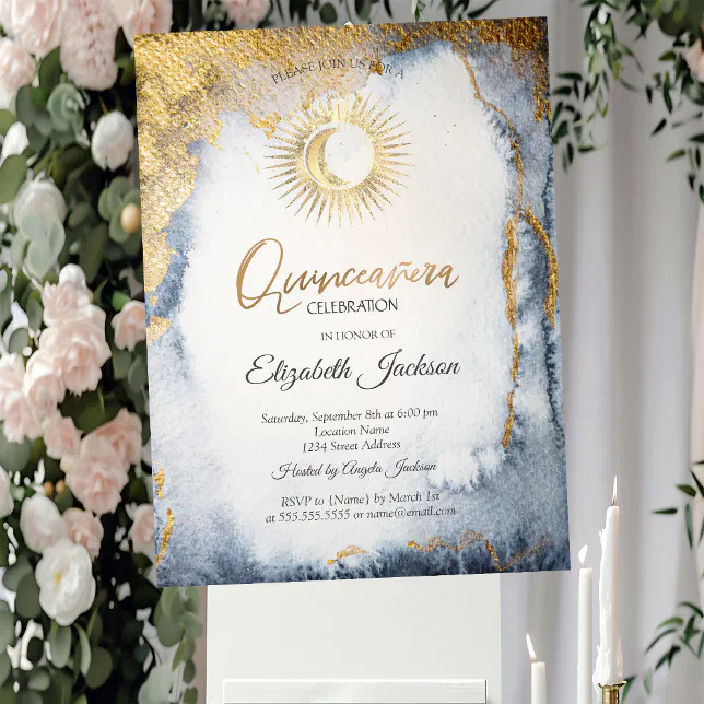 Sun,Moon,Stars Watercolor Gold Quinceanera Invitation | Zazzle
