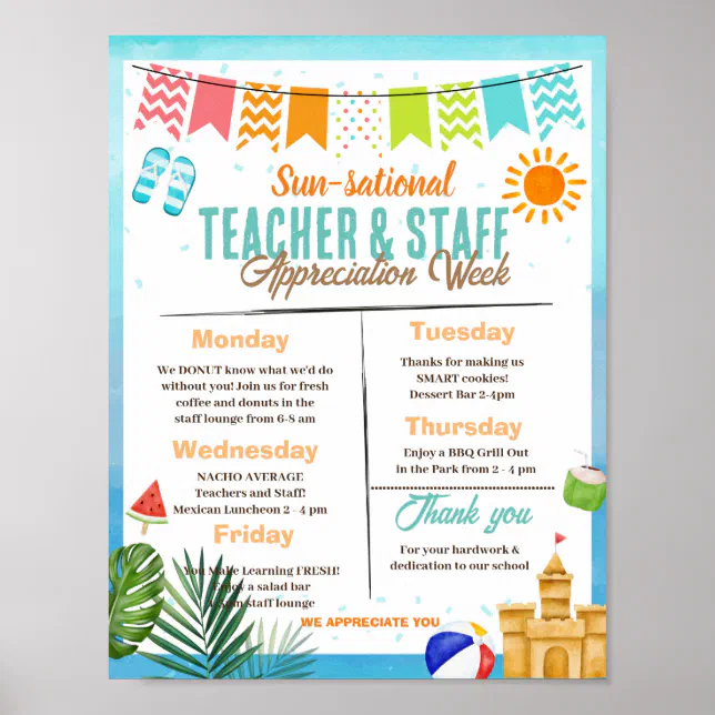 Sun-sational Teacher Appreciation Week Itinerary Poster | Zazzle