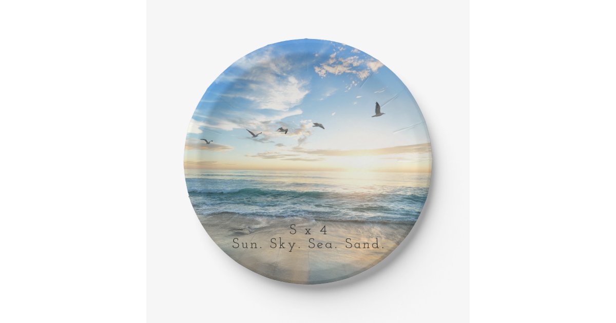 Sun. Sky. Sea. Sand. Beach Scene Paper Plates | Zazzle