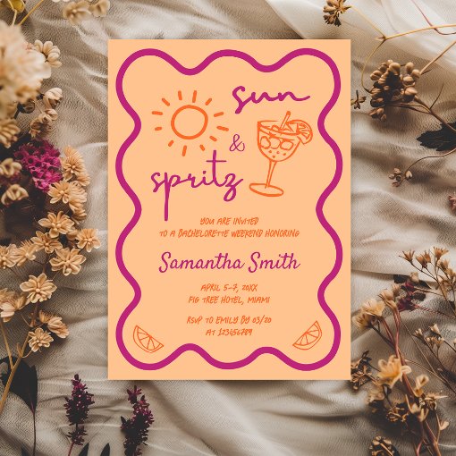 Sun & Spritz Bachelorette Party Hand Drawn Funky Invitation | Zazzle