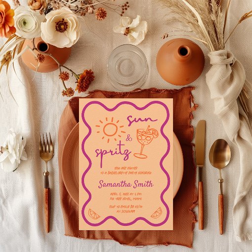 Sun & Spritz Bachelorette Party Hand Drawn Funky Invitation | Zazzle