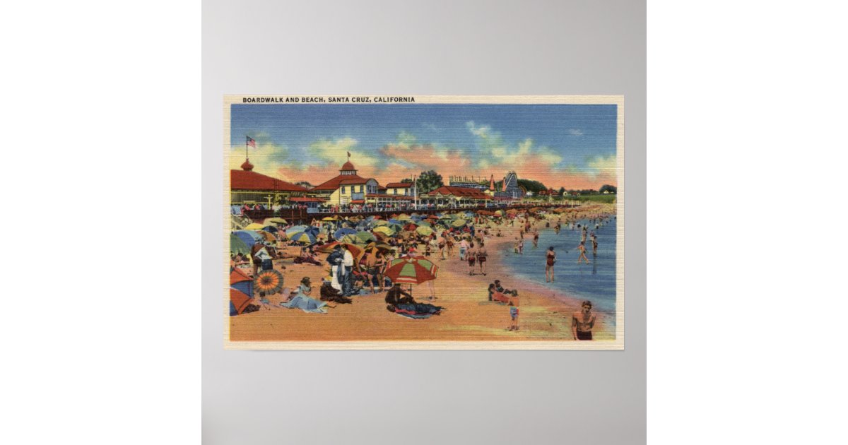 Sunbathers & Swimmers on Boardwalk & Beach Poster | Zazzle.com