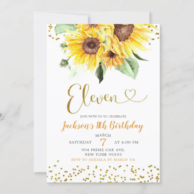Sunflower 11th Birthday Invitation | Zazzle