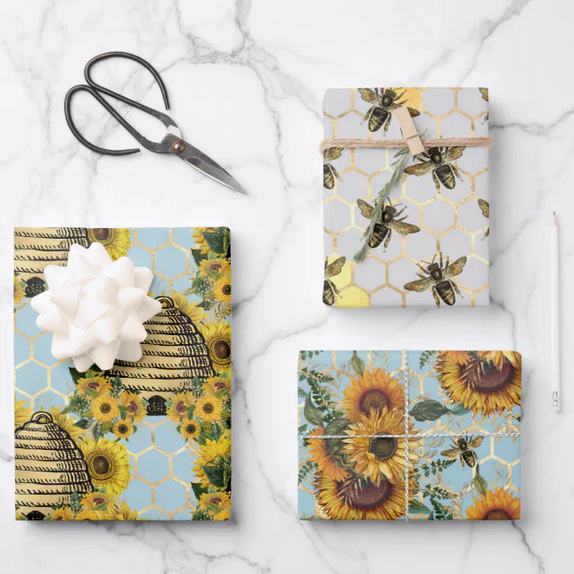 Sunflower and Bee Series Design Four Wrapping Paper Sheets | Zazzle