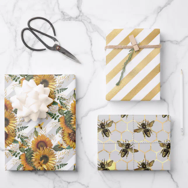 Sunflower and Bee Series Design Three Wrapping Paper Sheets | Zazzle
