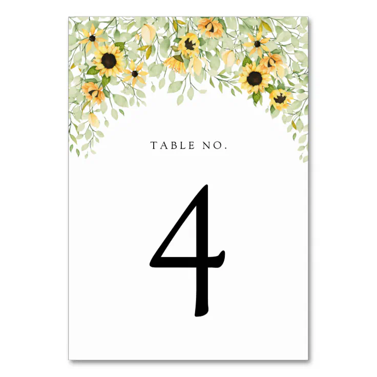 Sunflower and Greenery Wedding Table Number | Zazzle
