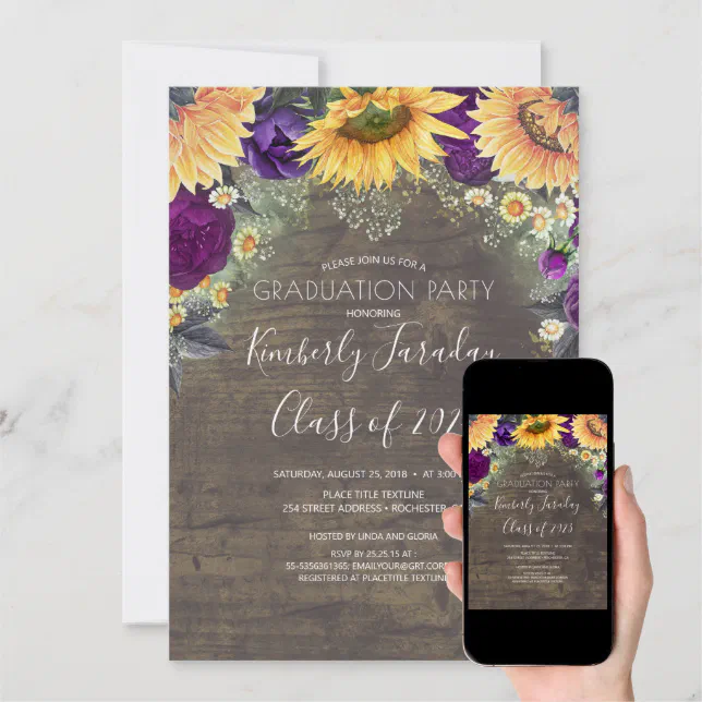 Sunflower and Purple Rose Rustic Graduation Invitation | Zazzle