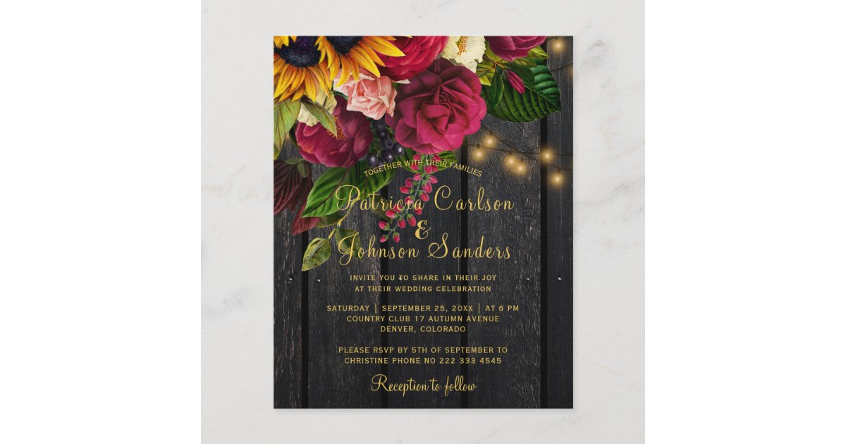 Sunflower and roses rustic fall wedding invitation | Zazzle