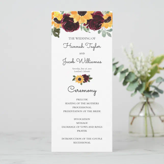 Sunflower and Roses Rustic Greenery Wedding Program | Zazzle
