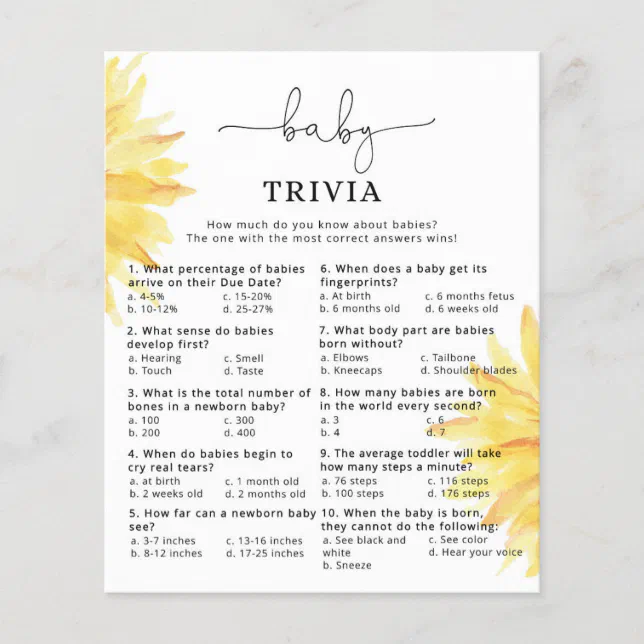 Sunflower Baby trivia baby shower game | Zazzle