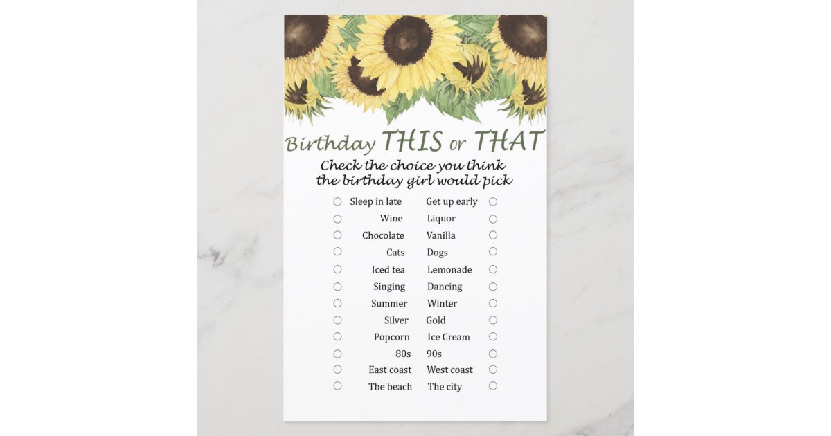 sunflower Birthday this or that game | Zazzle