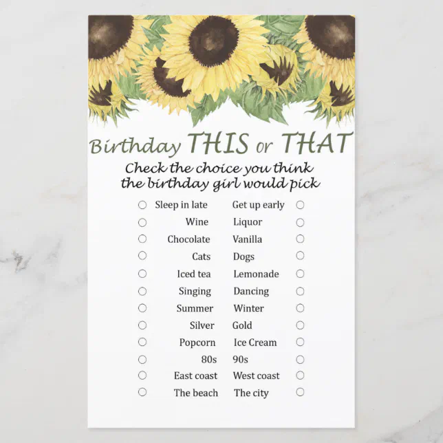 sunflower Birthday this or that game | Zazzle