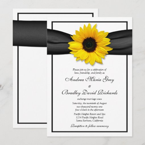 Sunflower Black Ribbon Wedding Invitation | Zazzle