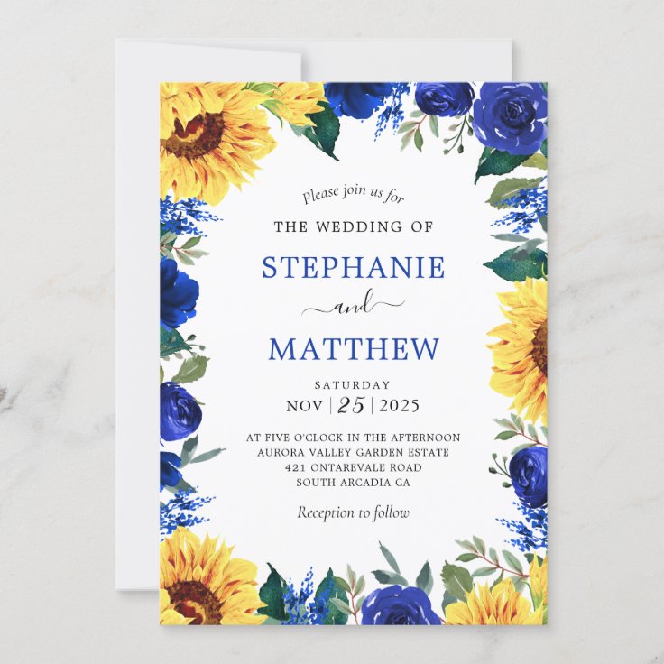 Sunflower Blue Floral Border Wedding Invitation | Zazzle