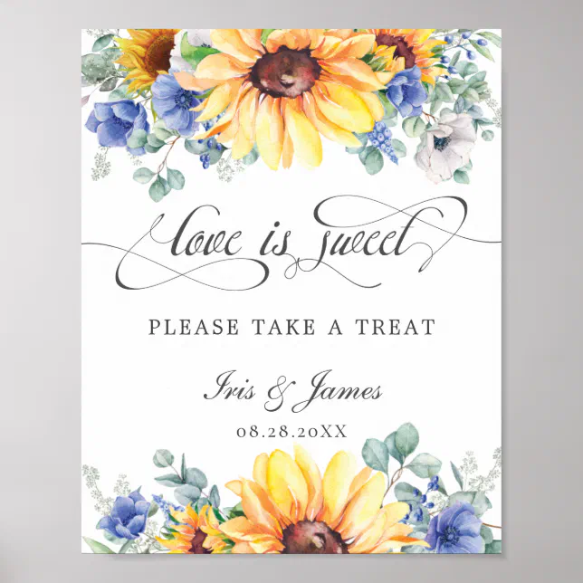 Sunflower Blue Floral Love is Sweet Take a Treat Poster | Zazzle