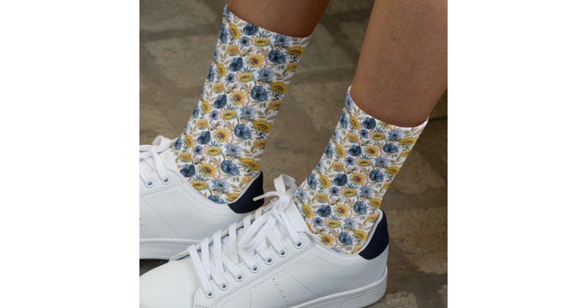 Sunflower Blue Flower Floral Pattern Socks | Zazzle