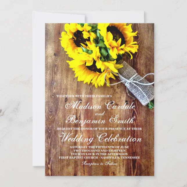Sunflower Bouquet Rustic Country Wedding Invites | Zazzle