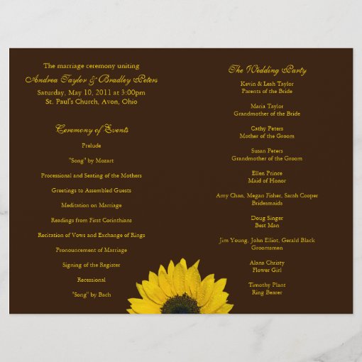 Sunflower Brown Yellow Wedding Program | Zazzle