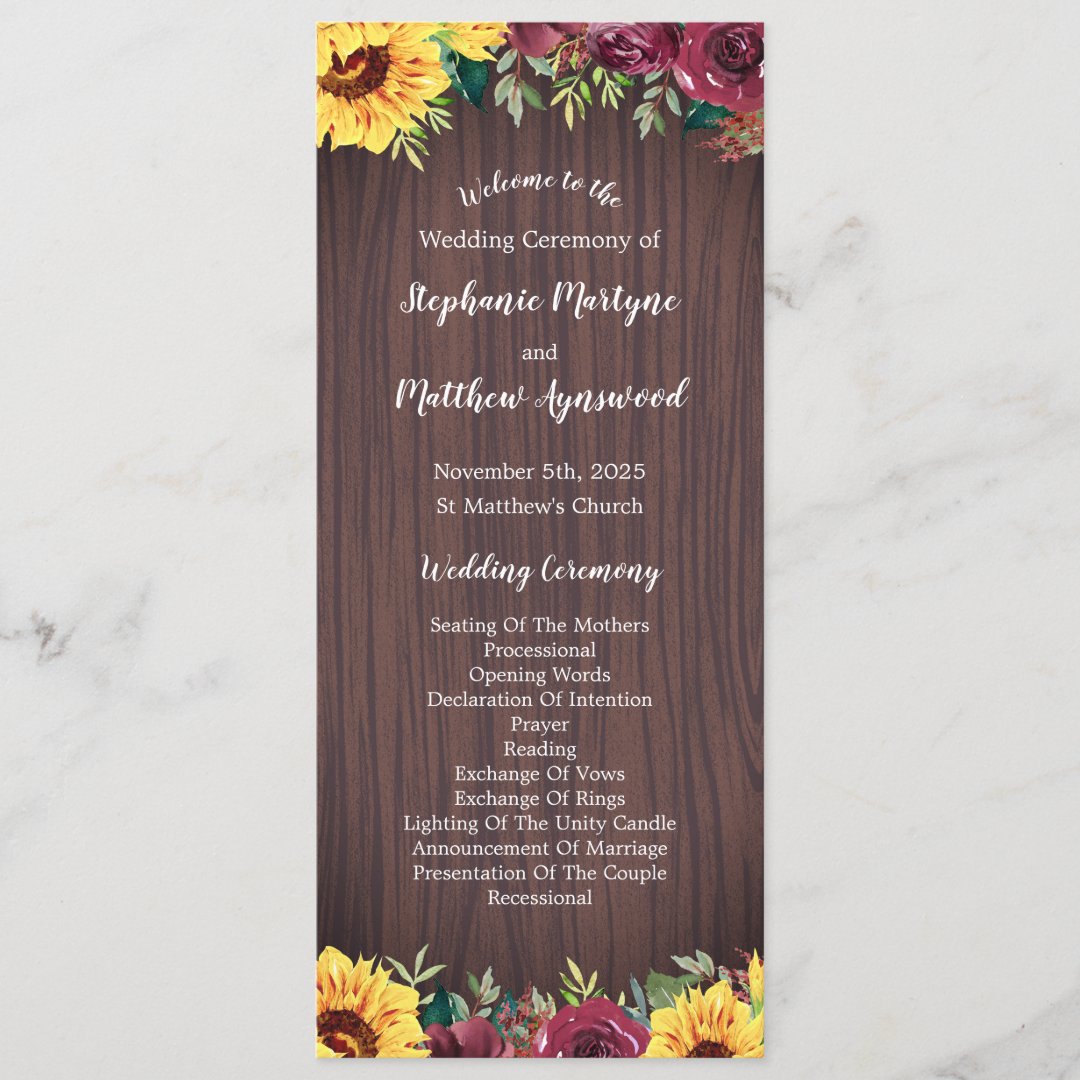 Sunflower Burgundy Rose Border Wood Wedding Program | Zazzle