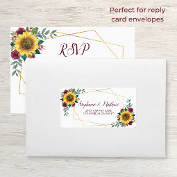 Sunflower Burgundy Rose Geometric Gold Address Label | Zazzle