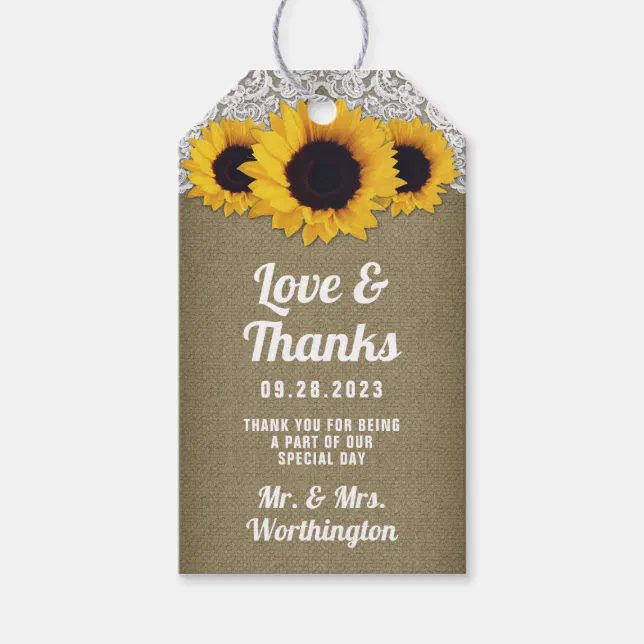 Sunflower Burlap and Lace Wedding Favor Tags | Zazzle