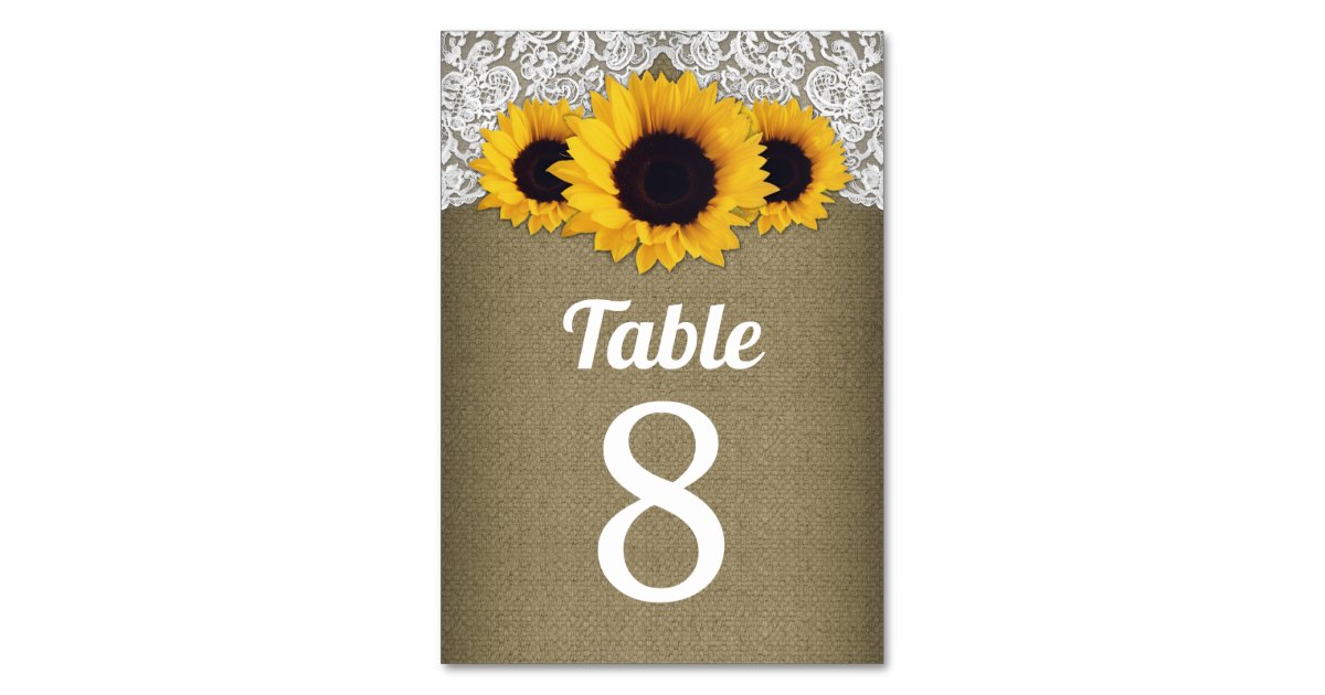Sunflower Burlap Lace Wedding Table Number Cards | Zazzle
