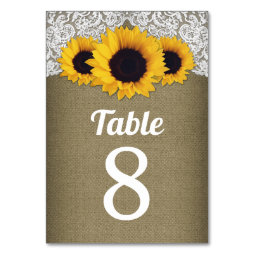 Sunflower Burlap Lace Wedding Table Number Cards | Zazzle
