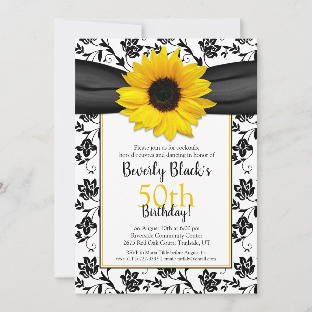 Sunflower Damask Birthday Party Invitation | Zazzle