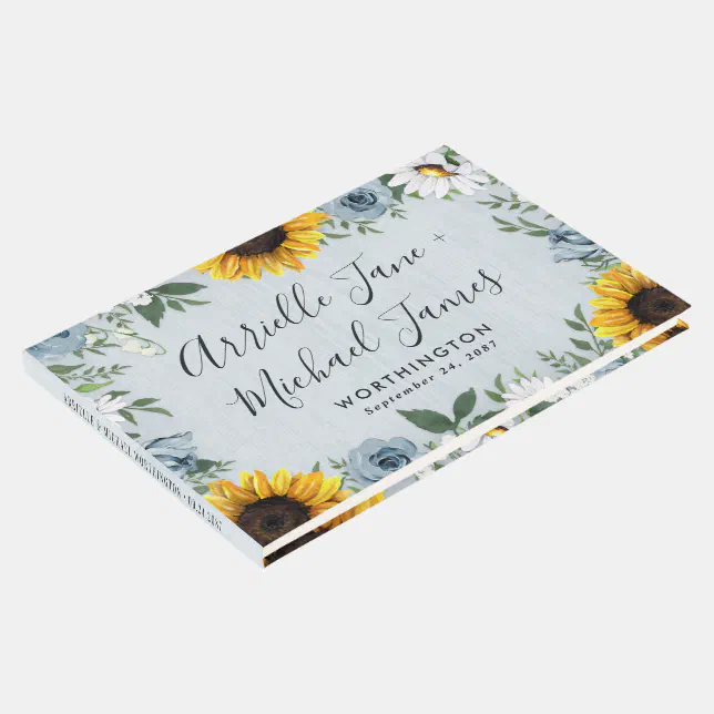 Sunflower Dusty Blue Country Rustic Roses Wedding Guest Book | Zazzle