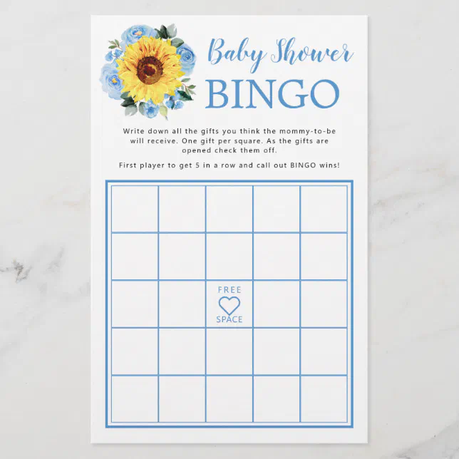 Sunflower Dusty Blue Floral Baby Shower Bingo Game | Zazzle