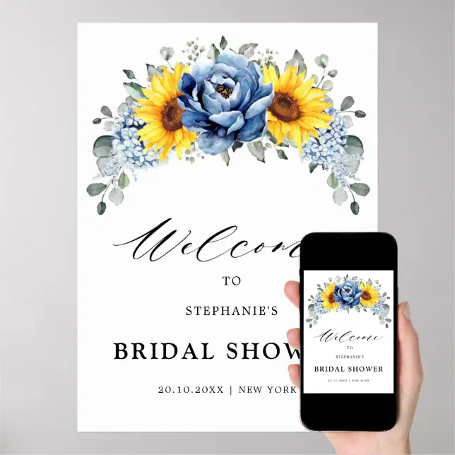 Sunflower Dusty Blue Slate Bridal Shower Welcome Poster | Zazzle