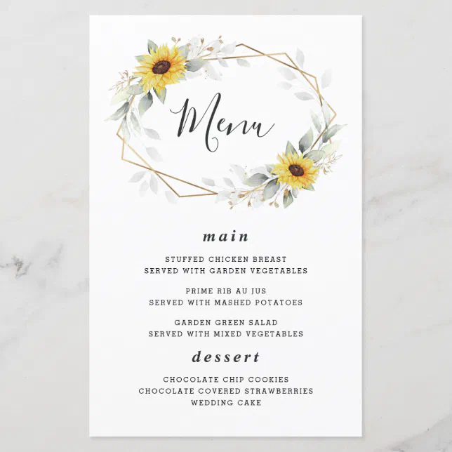 Sunflower Elegant Geometric Wedding Menu Cards | Zazzle