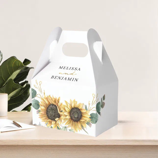 Sunflower Eucalyptus Floral Script Wedding Favor Boxes | Zazzle