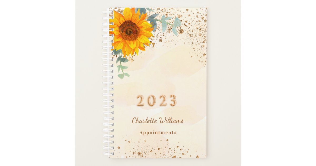 Sunflower eucalyptus glitter gold monogram 2023 planner | Zazzle