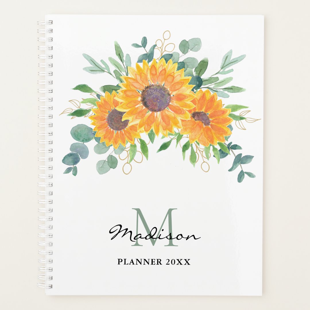 Sunflower Eucalyptus Greenery Name Monogram 2023 P Planner | Zazzle