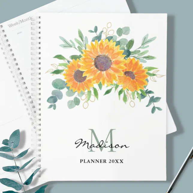 Sunflower Eucalyptus Greenery Name Monogram 2023 P Planner | Zazzle