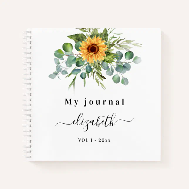 Sunflower eucalyptus greenry script name notebook | Zazzle