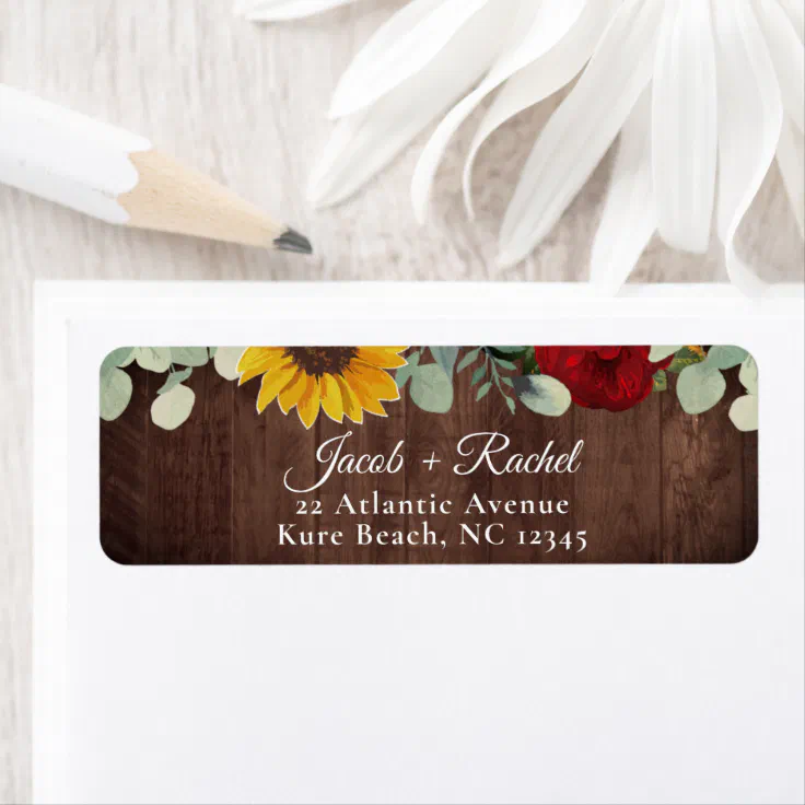 Sunflower Eucalyptus Red Rose Wood Wedding Address Label | Zazzle